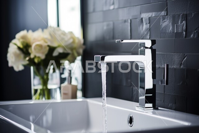 New and modern steel water faucet with ceramic basin in the bathroom ...