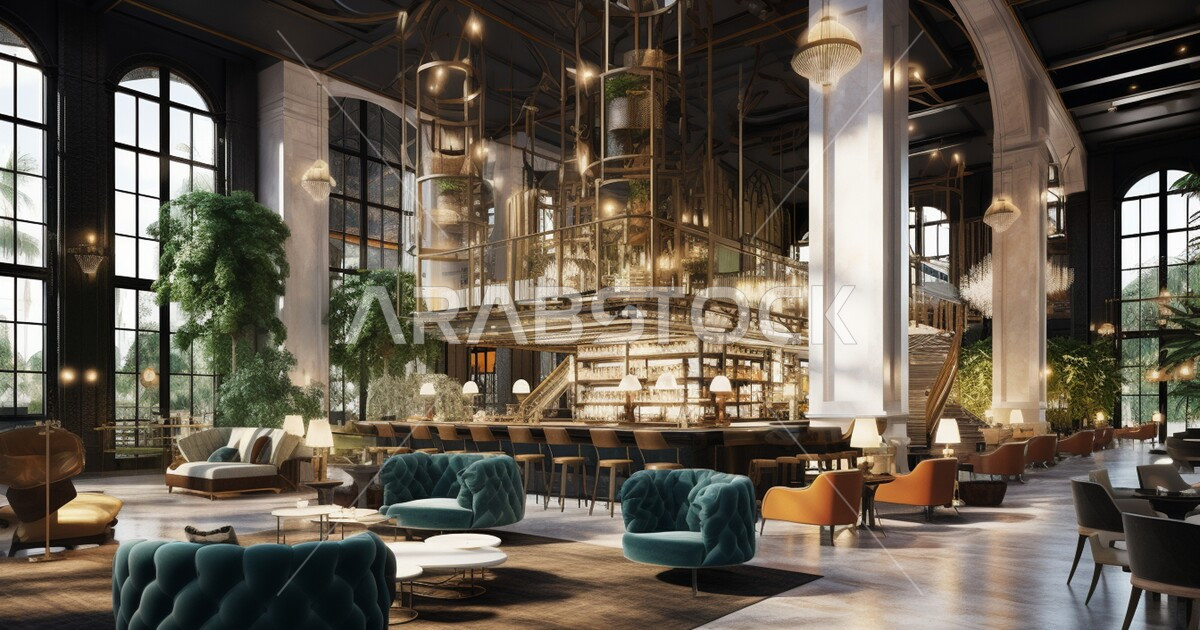 Modern restaurant design and upscale furniture, 3D rendering of a ...