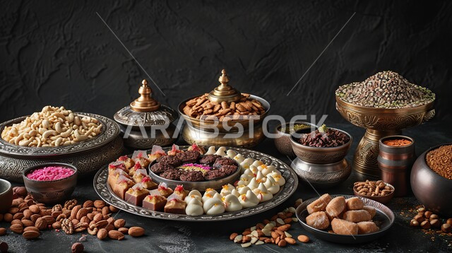 Saudi Eid desserts with pistachios and nuts, foods rich in sugars and ...