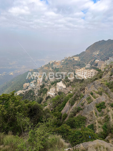 Houses and residential buildings on the mountain peaks and heights in ...
