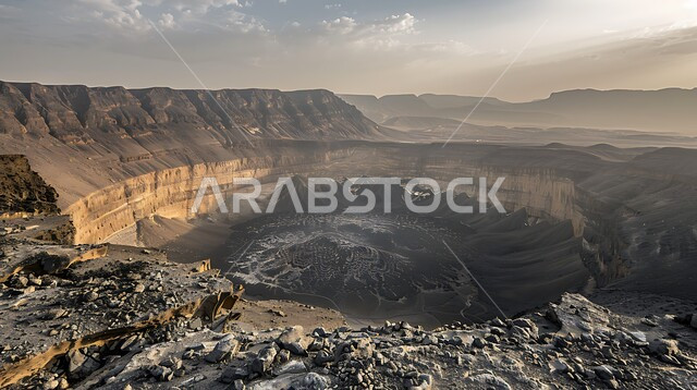A wide deep crater, Al Waabah crater in the city of Taif, desert nature ...
