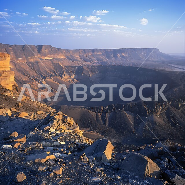 A wide deep crater, Al Waabah crater in the city of Taif, desert nature ...