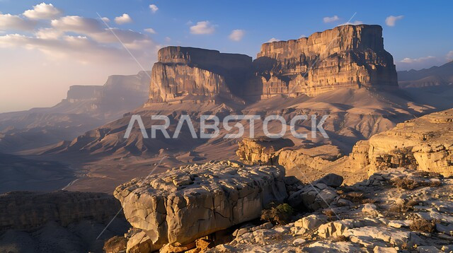 An aerial photo of the Al-Qarah mountain range during the day, the ...