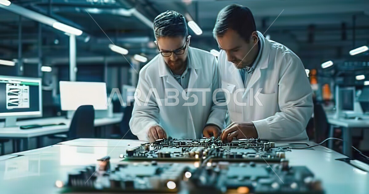 Two engineers working on a circuit board in a modern computer lab ...