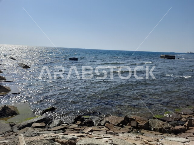 Rocks and stones in front of the Red Sea beach in the Al-Laith area ...