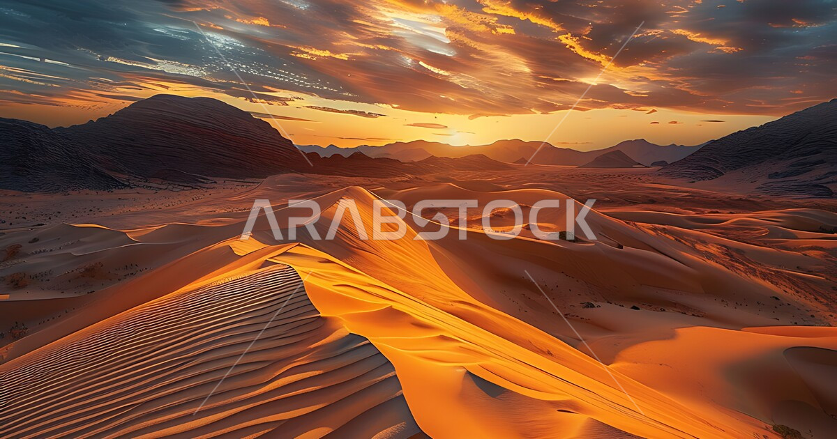 Badia areas and the natural desert environment at sunset, sand ...
