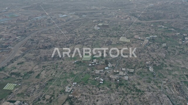 Trees and plants in agricultural lands and wide green spaces, an aerial ...
