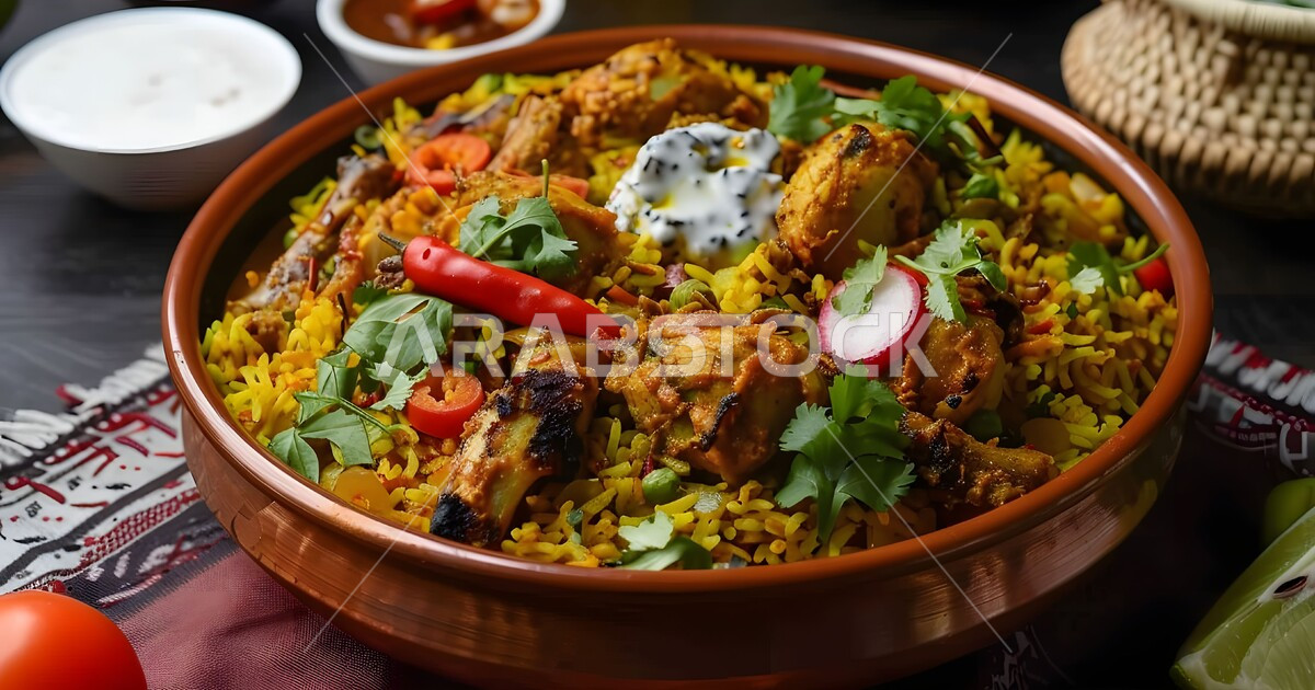 A plate of kabsa rice with fried chicken and spices decorated with ...
