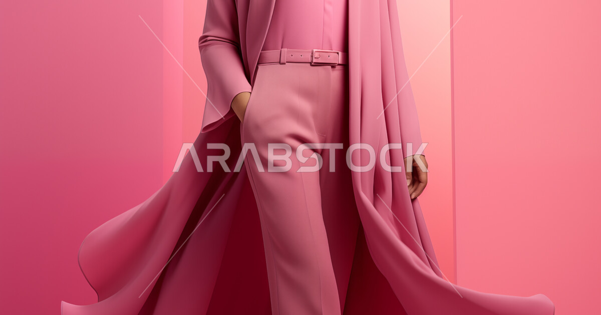 عارضة عربية خليجي سعودية محجبة ترتدي ملابس انيقة عصرية تقف باستقامة ...