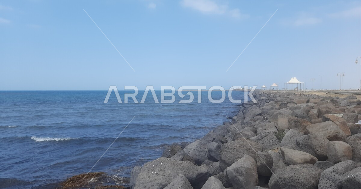 The rocky shore of the Red Sea on the Corniche of Al-Qunfudhah ...