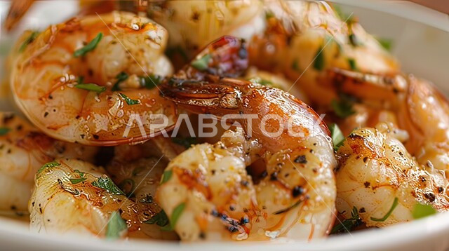 Delicious seafood, fast food, shrimp dish with garlic and spring onions ...