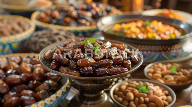 Dishes filled with dates and fresh dried fruits, delicious dates and ...