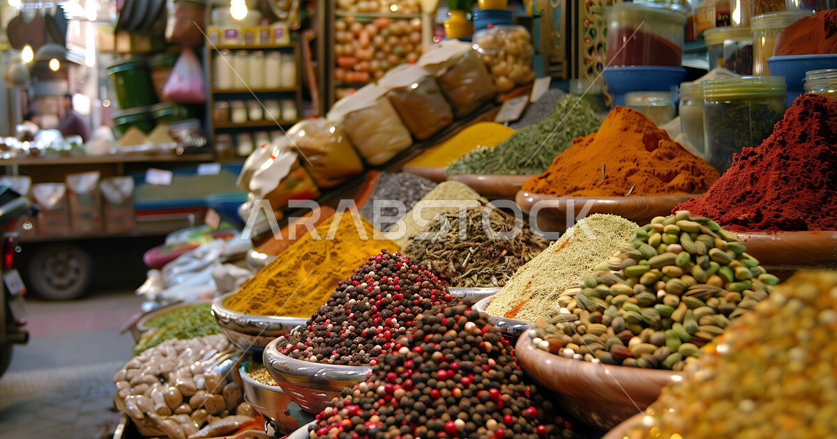 الاسواق التقليدية الشعبية لبيع البهارات والعطريات، منظر لعرض التوابل ...