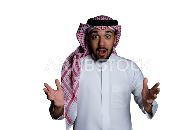 Portrait of a Saudi Gulf man amazed with facial and hands gestures ...