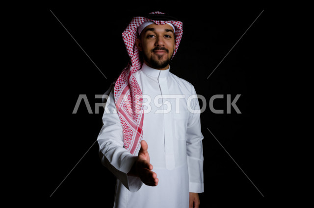 Portrait of a happy Saudi Gulf man with various facial gestures, hand ...