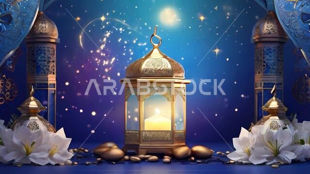 A traditional Arabic metal ornate luminous lamp with white flowers ...