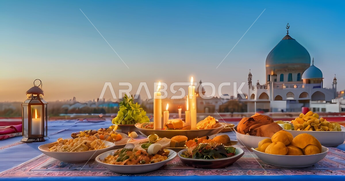 An outdoor Ramadan iftar table, delicious food recipes and dishes, a ...