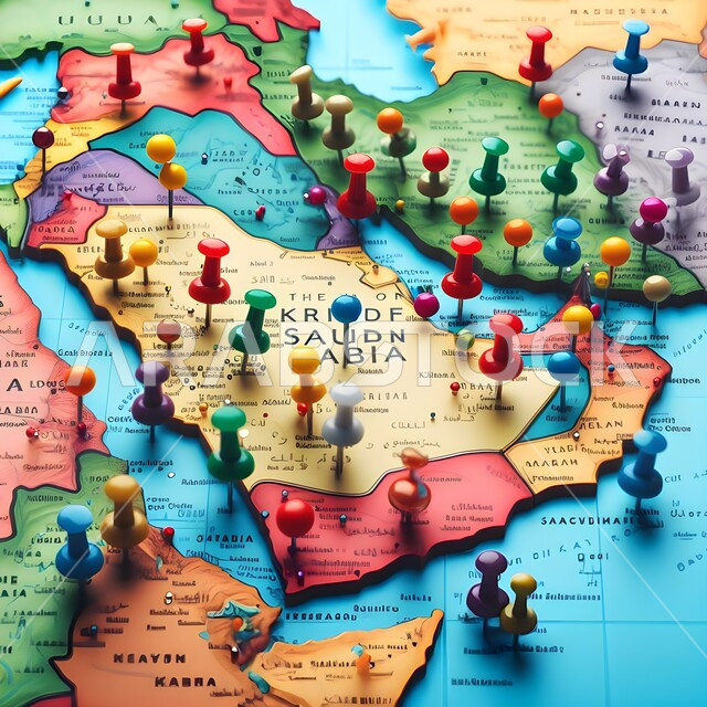 Different provinces and regions, a close-up of small colored pins ...