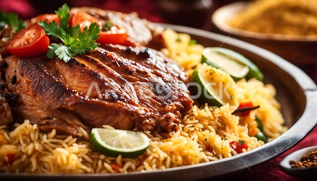 A plate of kabsa rice with fried chicken, traditional Arab dishes ...