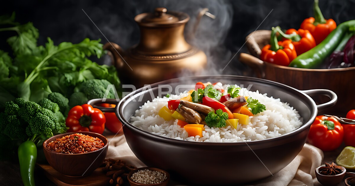 Popular traditional Arabic meals, a bowl of aromatic majboos with rice ...