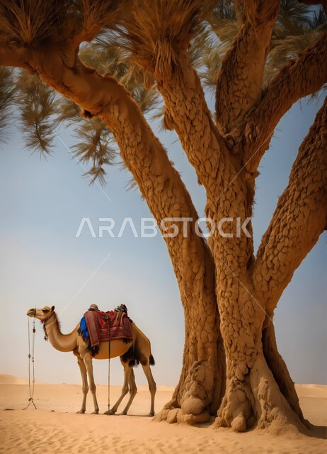 A camel resting under the shade of a tree in the desert of the Kingdom ...