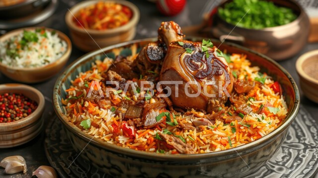 A plate of delicious kabsa rice with grilled chicken thighs ...
