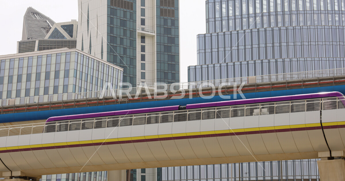 Riyadh Metro train line in front of the King Abdullah Financial Center ...