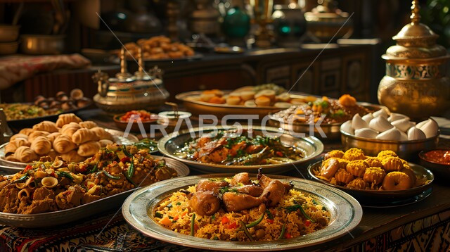 Luxurious meals and foods, an Iftar table full of delicious food items ...