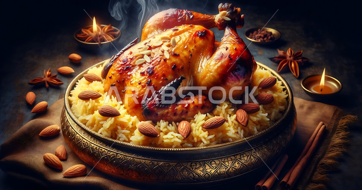 A plate of Mandi rice with grilled chicken decorated with nuts, the art ...