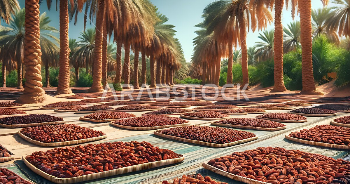 The process of drying dates, a group of dates arranged on woven mats ...