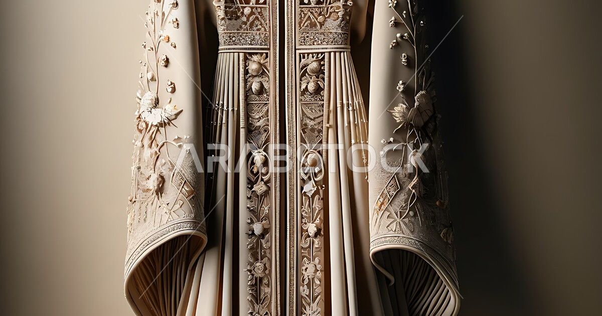 Luxurious Saudi fashion, traditional abaya hanging on a wooden hanger ...