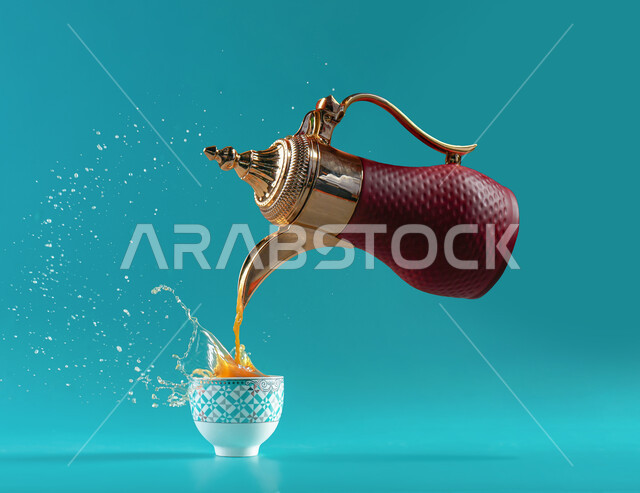 A red jug with a cup of coffee, honoring the guest and giving a good ...