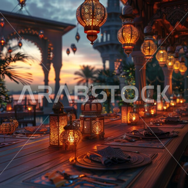 A religious Ramadan atmosphere, preparing tables with food plates and ...