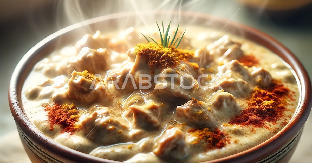 A dish of creamy groats decorated with tender meat, popular Saudi ...