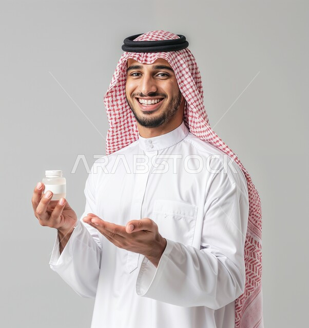 Display of national products, portrait of a Saudi Gulf Arab young man ...