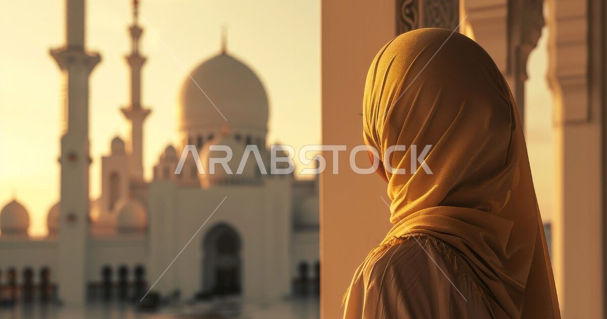 نداء المسلمين لاداء الصلاة، صورة من الخلف لامرأة عربية خليجية سعودية محجبة ترتدي العباءة والحجاب ...