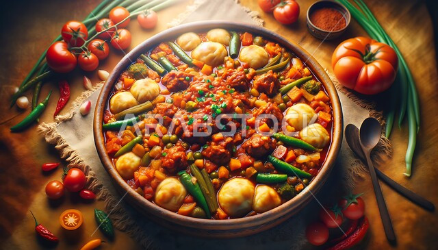 Delicious popular Arabic food, dough cooked with tomato sauce, Saudi ...