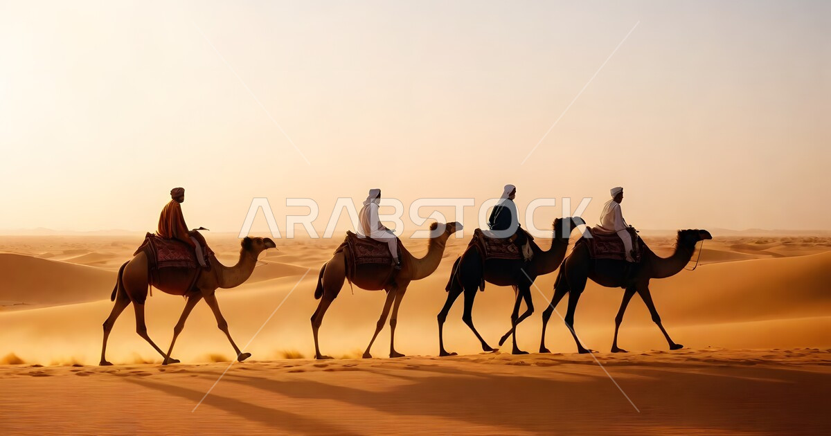 A group of camels walking over sand dunes in the desert, using camels ...