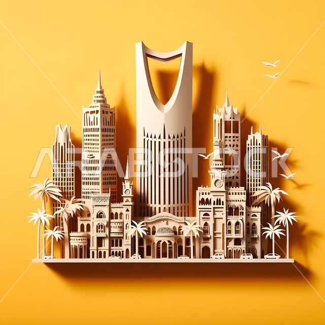 Saudi urban development and progress, cardboard artwork of towers and ...