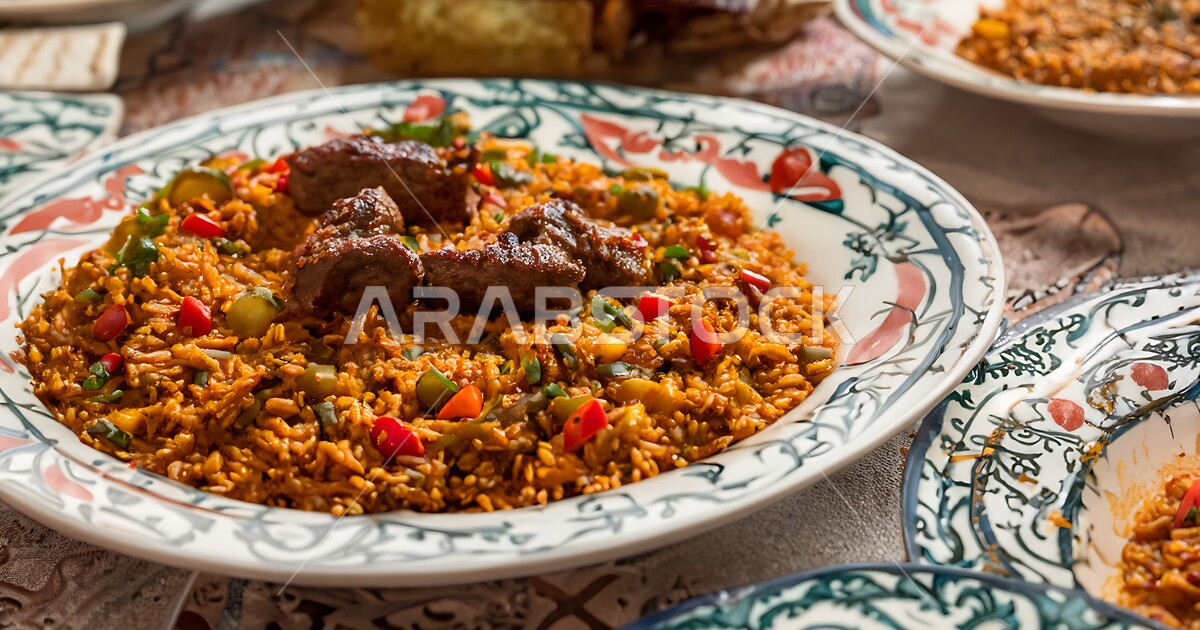 Basic traditional Arabic foods and dishes during Saudi holidays, a ...