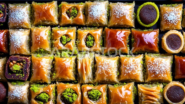 Saudi desserts with pistachios and nuts, dishes of oriental Arab sweets ...