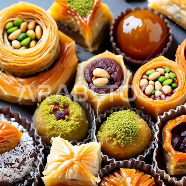 Saudi desserts with pistachios and nuts, dishes of oriental Arab sweets ...