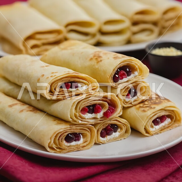 Crepe rolls decorated with cranberries, seasonal fruits and cream ...