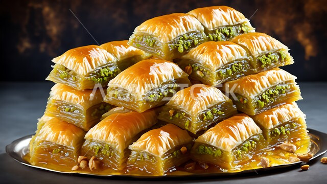 Saudi desserts with pistachios and nuts, dishes of oriental Arab sweets ...