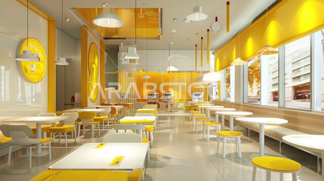 A restaurant and café hall with attractive decor and colours, upscale ...