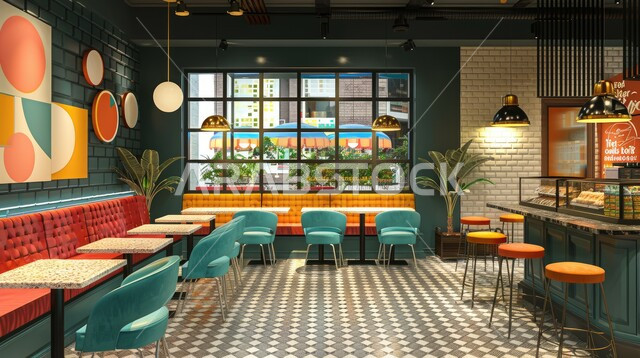 A restaurant and café hall with attractive decor and colours, upscale ...
