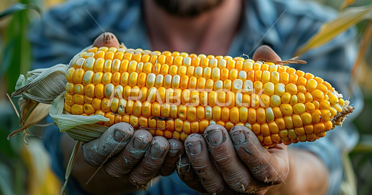 موسم حصاد الذرة، صورة مقربة لأيدي فلاح عربي خليجي يحمل بيده الذرة ...