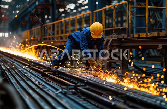 A Saudi Gulf Arab blacksmith welds iron in the factory. Wearing a ...