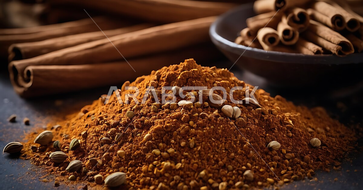 A small plate of cinnamon sticks and soft dry spices, quality Saudi ...