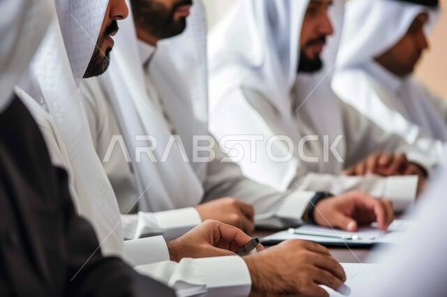A group of Saudi Gulf Arab employees in a meeting inside the company’s ...
